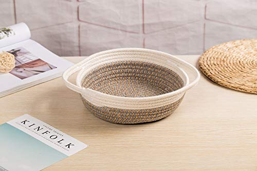 Small Rope Storage Key Basket Desk Organizer Basket Remote Control Bedside Storage Home Decor Mini Basket Woven Storage Basket Bowl Woven Dish Desk Container (Grey Camel Mix & White - Hemp Rope)