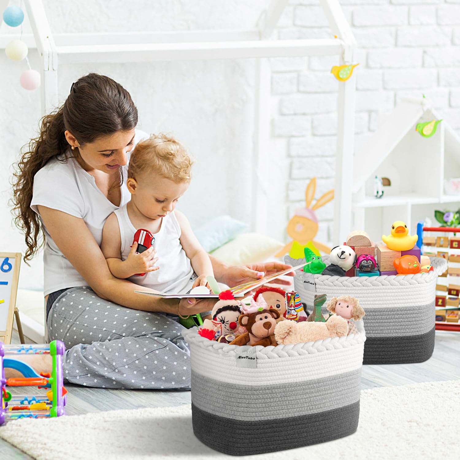 AivaToba 3 Pack Storage Basket: Toy Basket Cotton Rope Basket with Handles - Decorative Basket for Clothes, Blankets, Toys, Books( 13.4” x 8” x 9” )