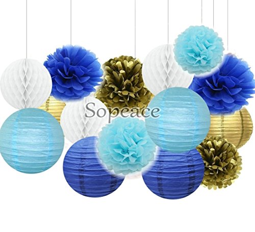 Sopeace Mixed Gold Navy Gold Blues Party Decoration Kit Tissue Paper Pom Poms Flowers Paper Lanterns and Star Garland for Birthday,Baby,Bridal Shower,Room decor &Themed Party Decoration Favor