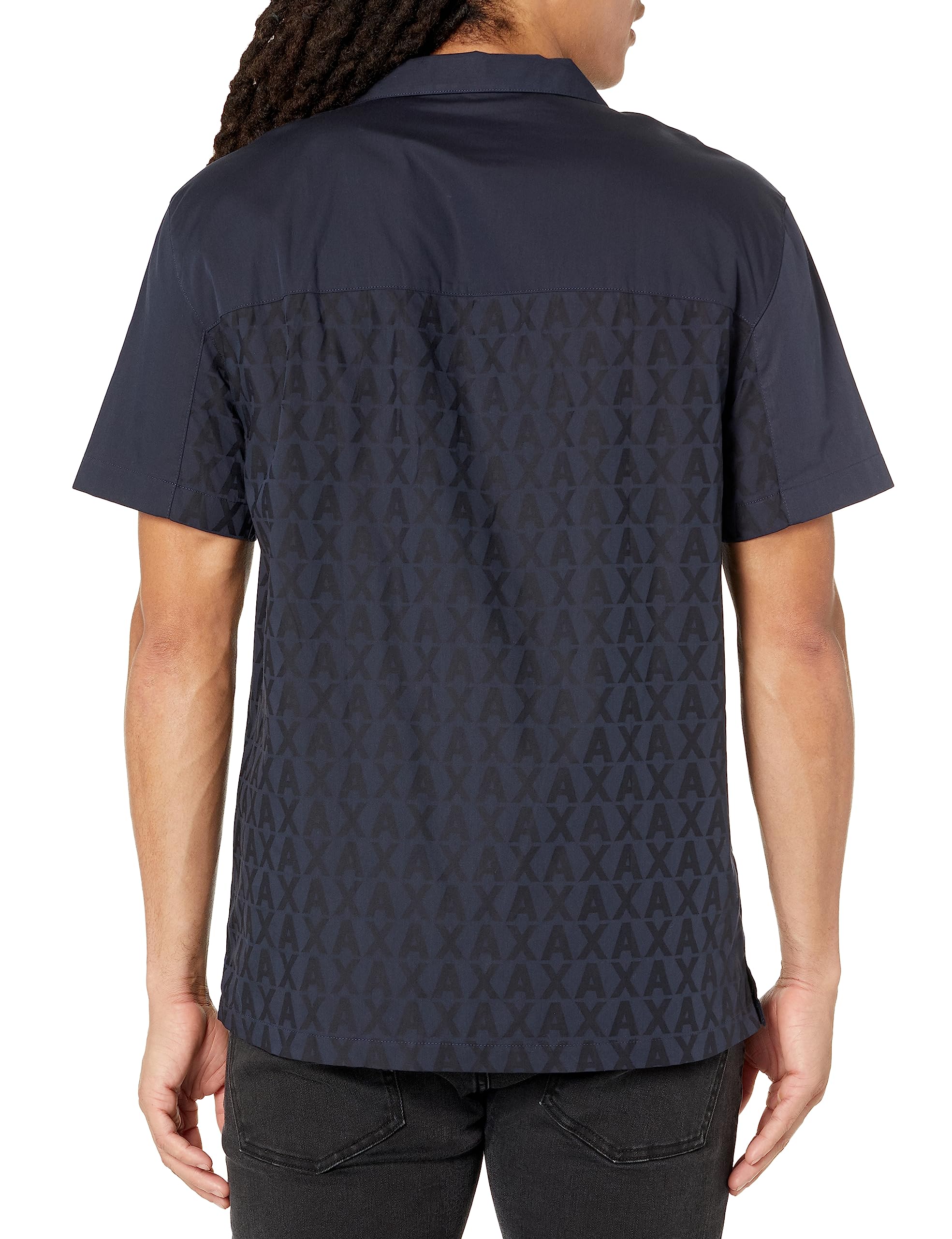 A | X ARMANI EXCHANGE Men's Cotton Jacquard SS Shirt. Regular FIT. AX All Over Tonal Effect. Large Cargo Pocket, Dark Navy/Off White Word