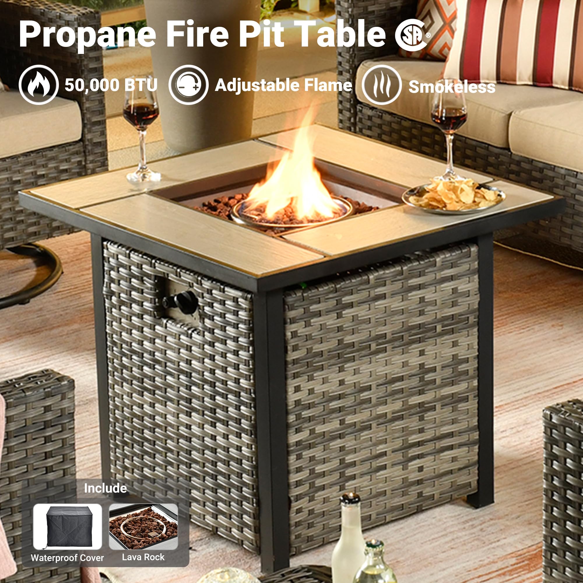 ovios Patio Furniture Set, 6 Pieces Outdoor Furniture with Square Propane Fire Pit Table, Conversation Set with Couch Chairs Ottomans for Garden Backyard Porch (Beige)