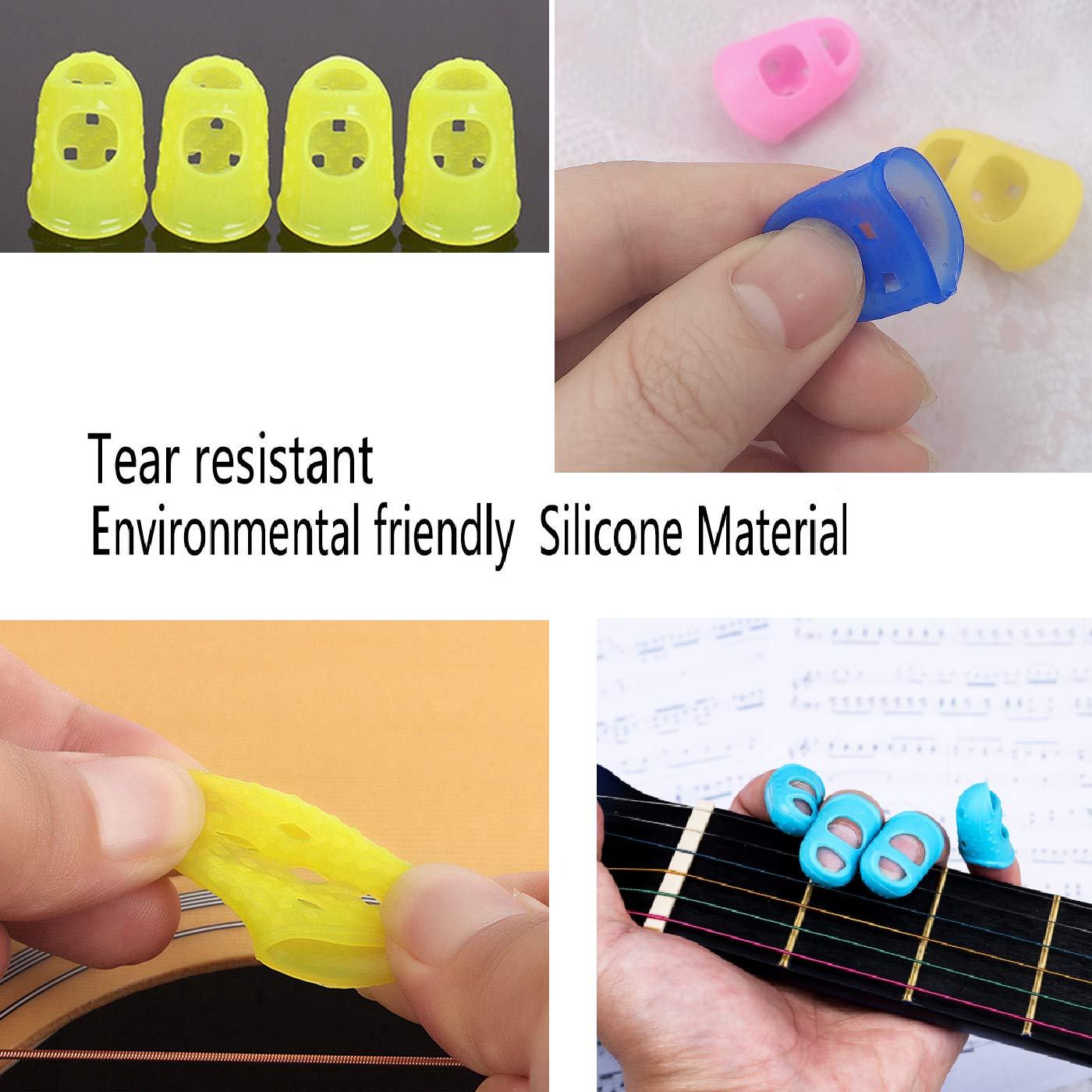48Pcs Guitar Finger Protector Guitar Fingertip Protectors 4 Sizes Silicone Finger Guards Cover 5Pcs Thumb and forefinger picks for Ukulele Electric Guitar and10 Guitar Picks