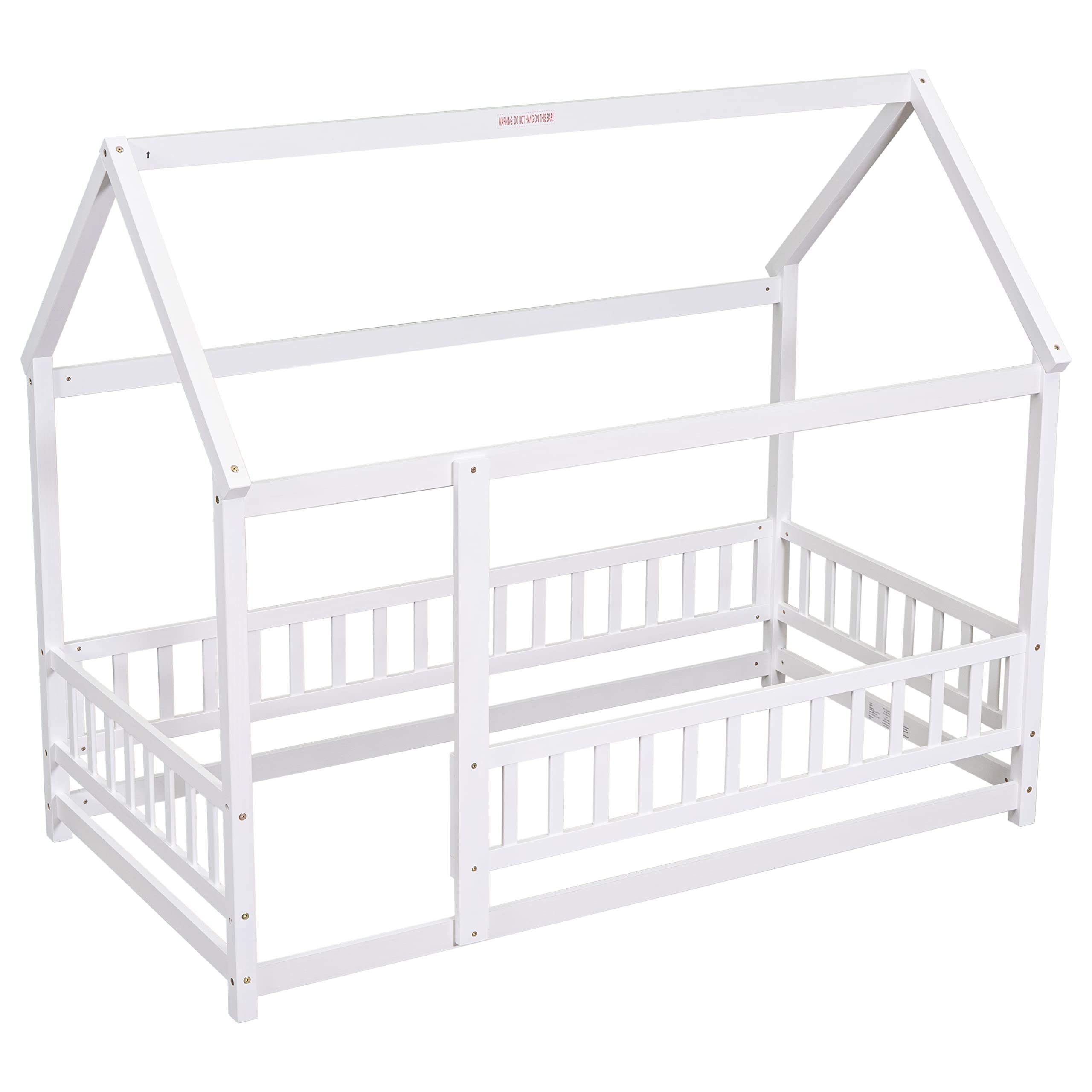 CITYLIGHT Twin Floor Bed Frame, Pine Wood, White With Roof, 20"W