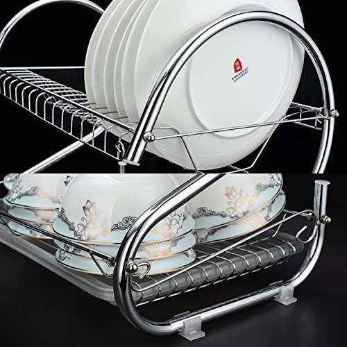 Glotoch 2-Tier Full Sized Dish Drying Rack with Utensil Holder and Cup Holder with Dish Water Drain Board Tray Rustproof Chrome Plating 16.5 x 10 x 15 Inches Storage Space Saving Kitchen Organizer