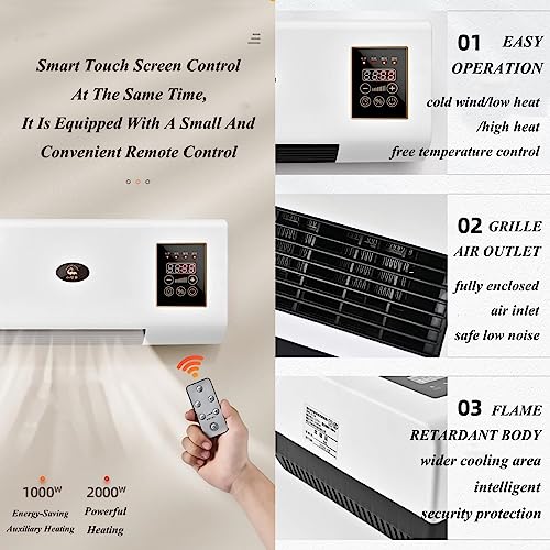 Cryfokt Mini Air Conditioner, Small Air Conditioner Heater with Remote Control, 2000W Portable Wall Mounted Ac, Wall Mounted Air Conditioner and Heater Combo for Bathroom, Bedroom