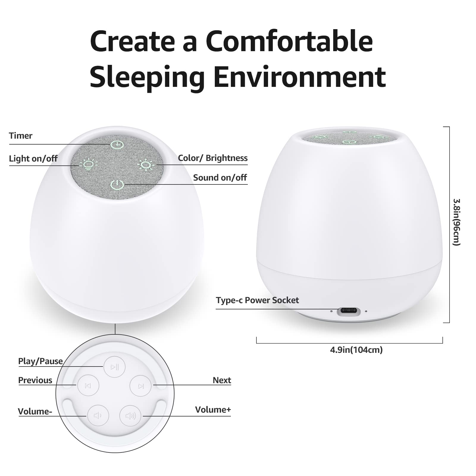 BGOVERSS White Noise Machine for Baby Kids Adults, Sleep Sound Machine with 20 Adjustable Volume & 14 Soothing Stereo Sounds, 5 Timer & Memory Function, Adjustable Night Light for Sleeping