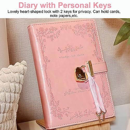 AtoZ Create Diary with Lock and Keys for Teen Girls 360 Pages Leather Heart Shaped Locking Journal (B6(7"*5"),Pink)