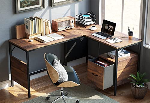 CubiCubi L Shaped Desk with Shelves, 59.1 Inch Corner Computer Desk, Home Office Gaming Writing Workstation with Large Non-Woven Drawer, Deep Brown