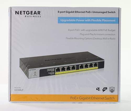 NETGEAR 8-Port Gigabit Ethernet PoE Network Switch, Hub, Internet Splitter (GS108LP) - with 8 x PoE+ @ 60W Upgradeable, Desktop/Rackmount, and ProSAFE Lifetime Protection