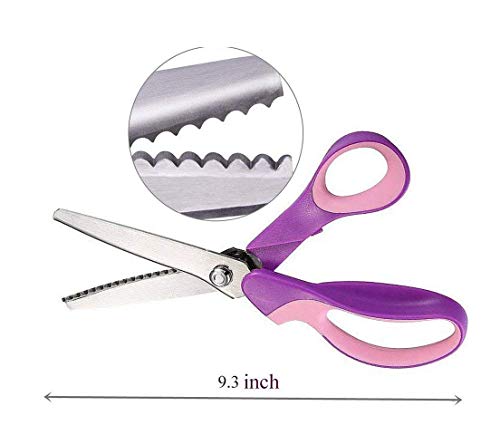NEJLSD Pinking Shears for Fabric Scalloped 5mm, Stainless Dressmaking Sewing Scissors Steel Handled Professional Zig Zag Fabric Craft Scissors 9.3 inch (Purple)