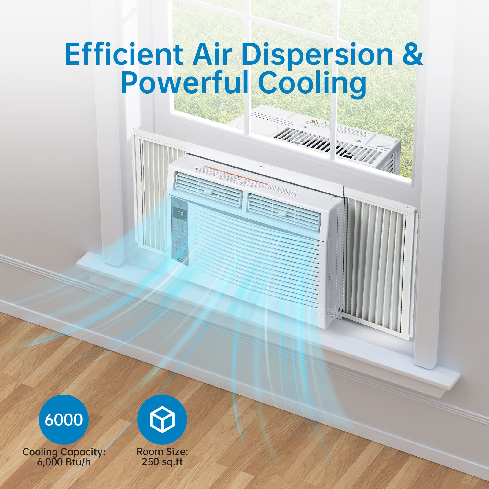 Adoolla 6,000 BTU Turbo Fast Cooling Up to 250 Sq.Ft. Flexible Opening(T Design), AC Unit with Remote & APP Control, Easy Install Kit, Auto Restart, 24H Timer Window Air Conditioner, White