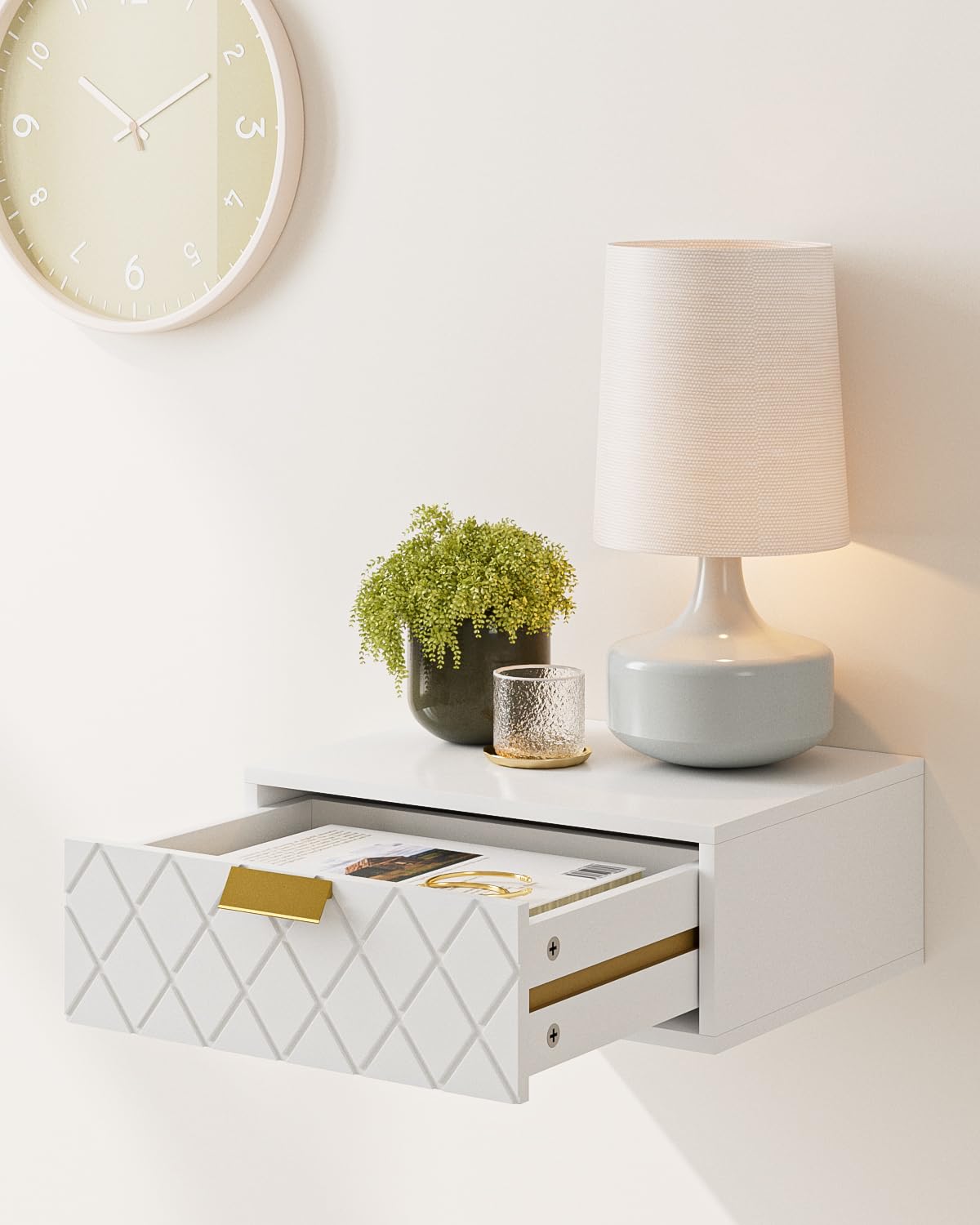 Aobafuir Floating Nightstand Shelf with Drawer, Small Modern Wall Mounted Nightstand, Shelves for Bedroom, White Diamond