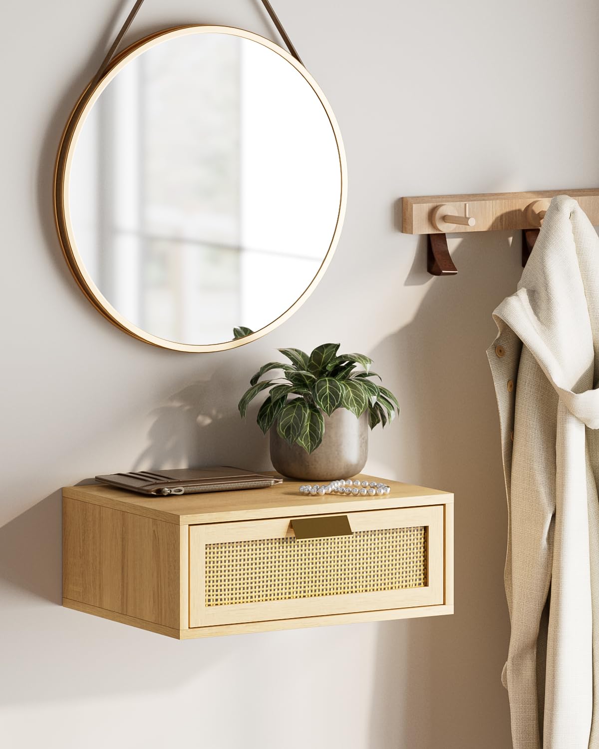 Aobafuir Floating Nightstand Shelf with Drawer, Small Modern Wall Mounted Nightstand, Shelves for Bedroom, Oak Rattan