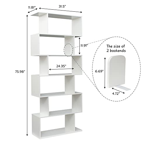 Boloni Geometric Bookcase with 2 Bookends, 6 Tier Modern Bookshelf, 76in Tall White Bookshelf, Freestanding Lego Display Shelves