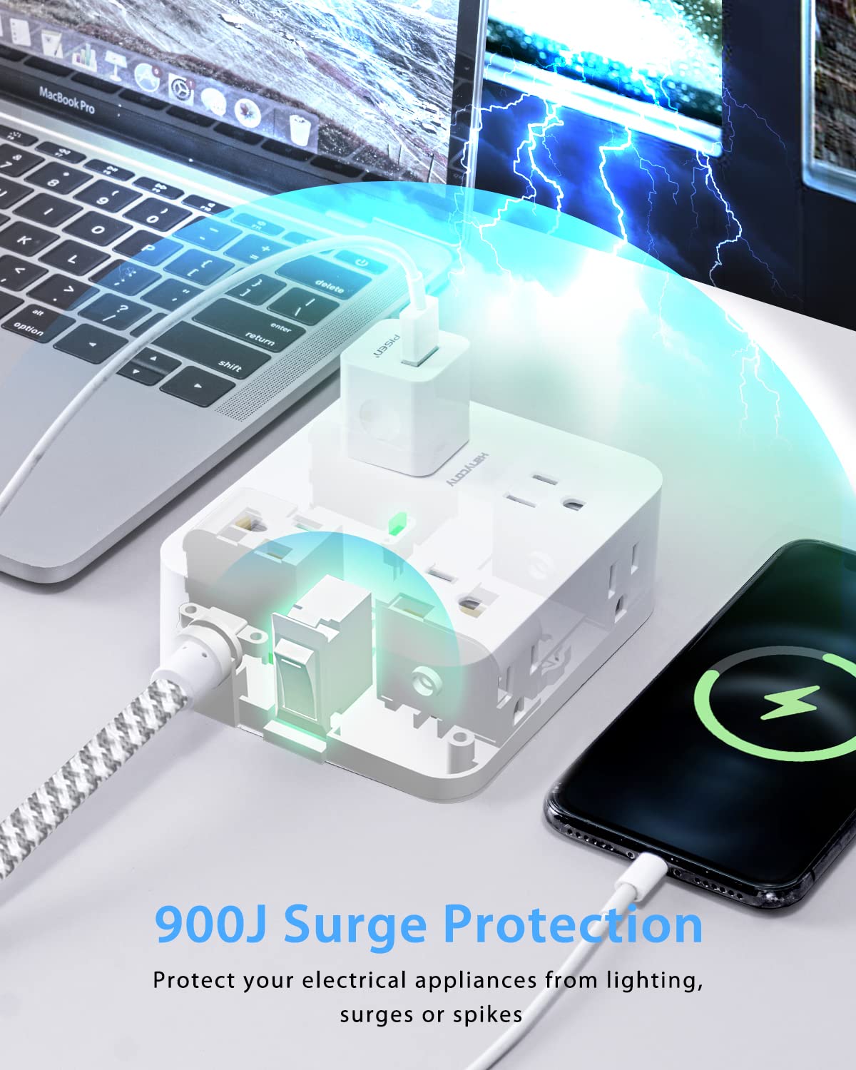 8 Outlets Power Strip with 4 USB Charging Ports, 3 Side Outlet Extender with 5Ft Braided Extension Cord, Flat Plug, Wall Mount, Desk USB Charging Station for Home Office