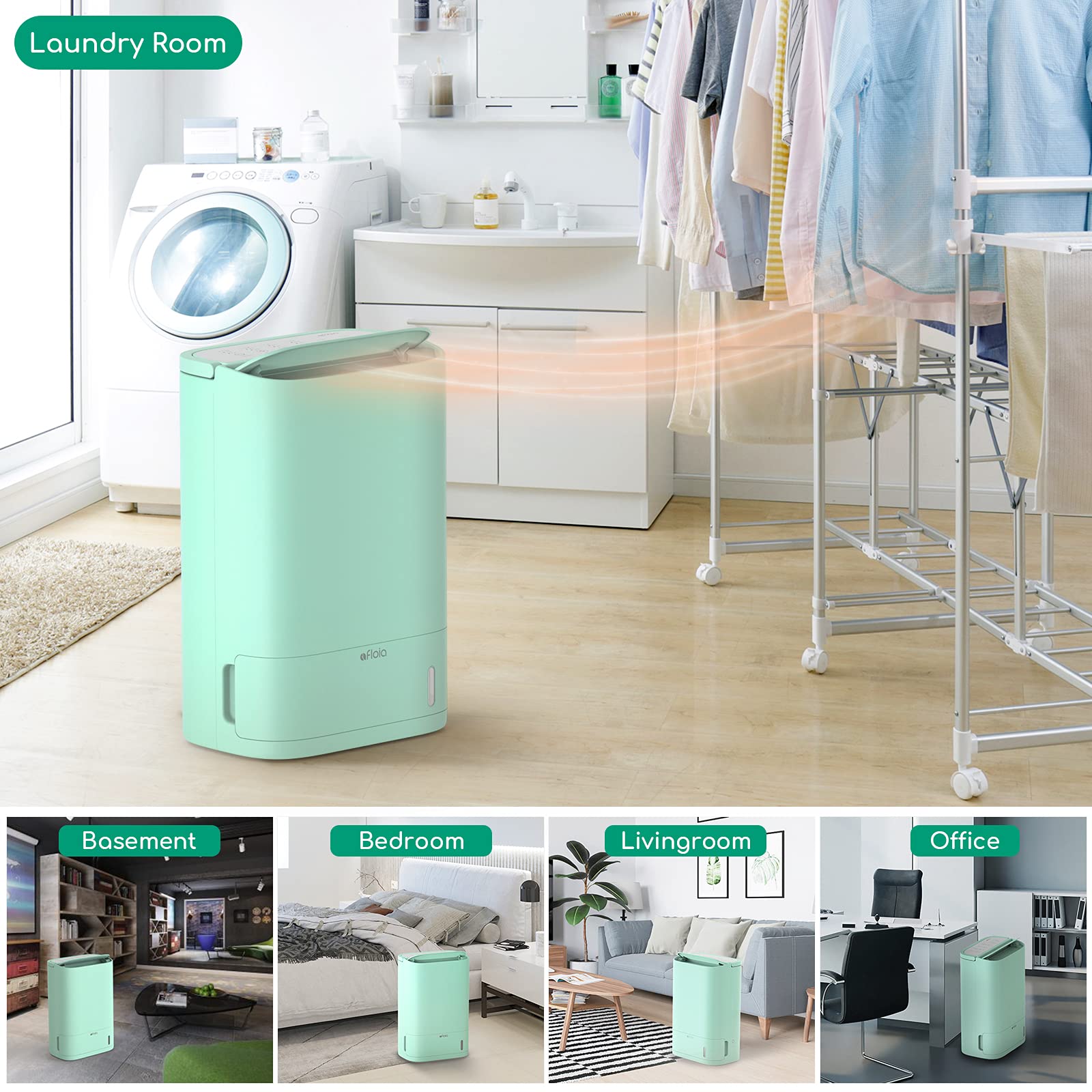 Afloia X3 Dehumidifier for Medium/Large Rooms and Basements, Washable Filter & Continuous Drain Hose, Quiet & Efficient Intelligent Humidity Control - Green