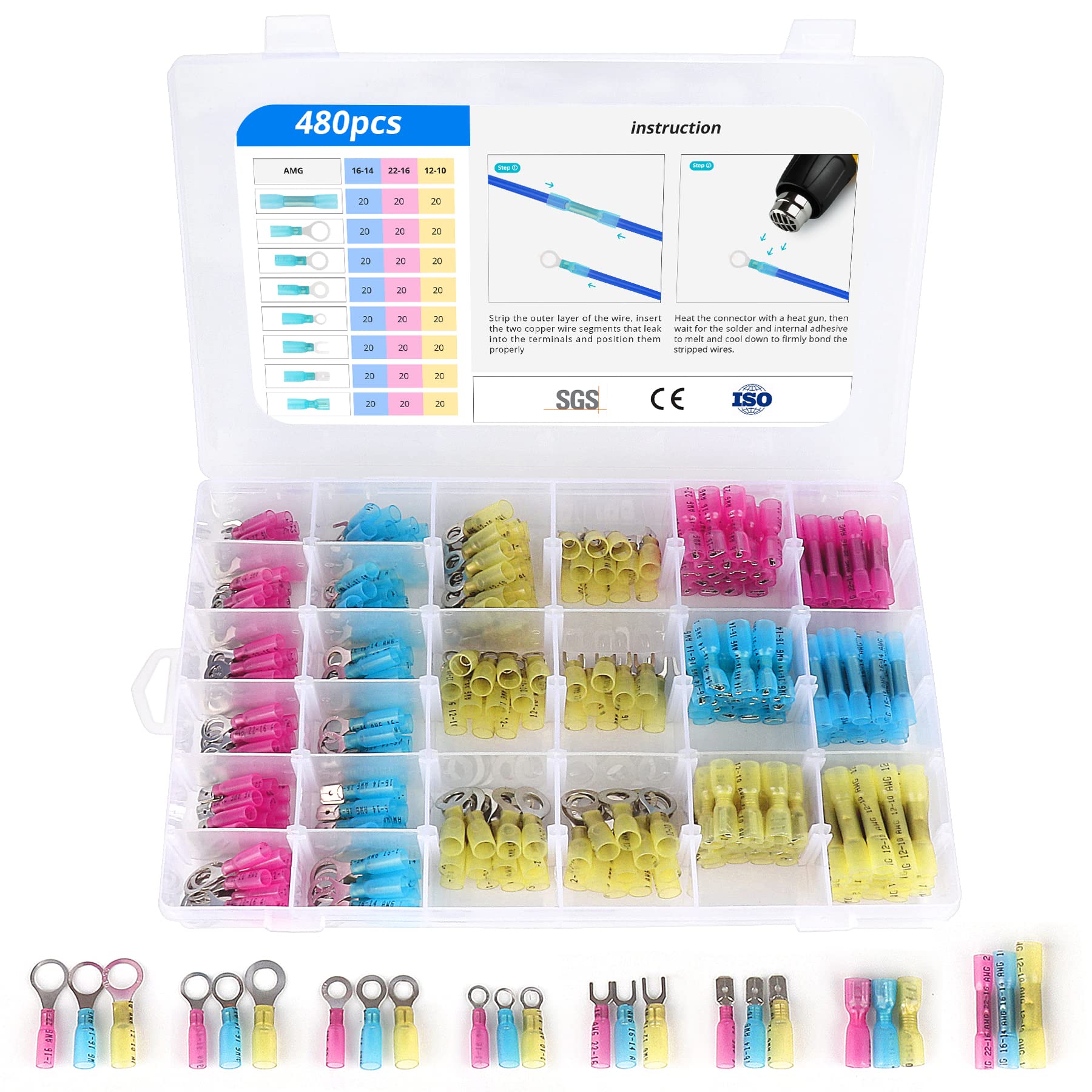 480PCS Heat Shrink Wire Connectors Terminal Seal Electrical Connectors Butt Waterproof and Insulated Wire Terminals kit Ring Fork Spade Connectors for Marine Automotive Truck Wire Joint