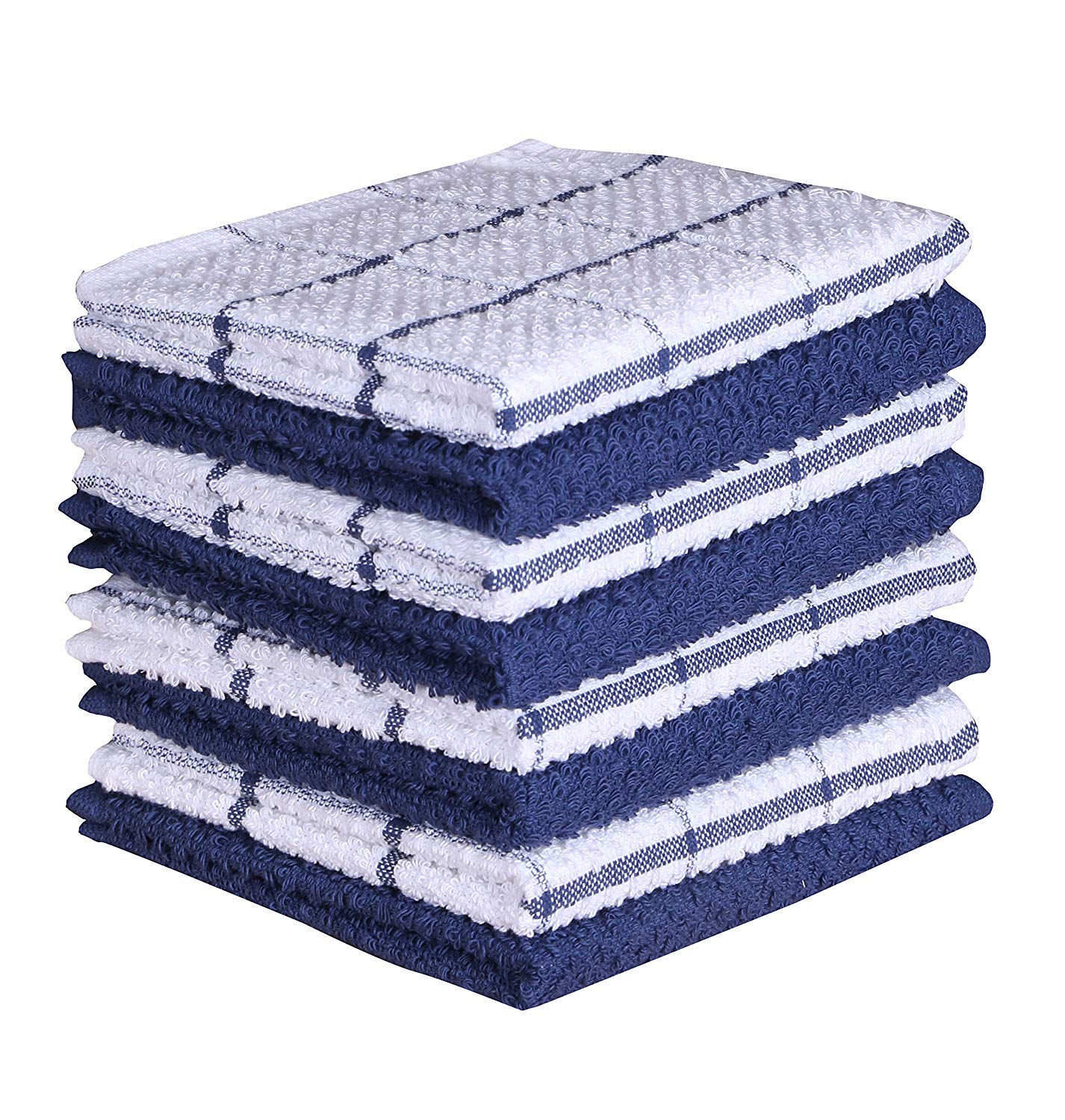 AMOUR INFINI Bundle Pack of 4 Terry Dish Towels + 8 Dish Cloths Ultra Soft and Absorbent Kitchen Towel & Dishcloth Combo - Cotton Dishtowels for Washing Up | Blue