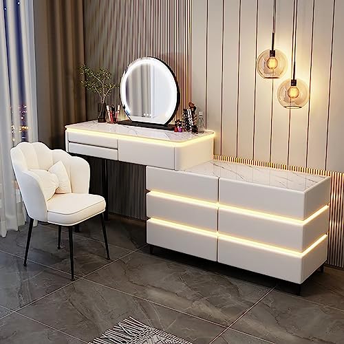 Attega Vanity Desk Set, Makeup Table with LED Lighted Mirror & Drawer Ambient Light, Dresser Desk with Side Cabinet & 9 Drawers Adjustable Dressing Table Set for Bedroom & Bathroom (White, 31.5 Inch)