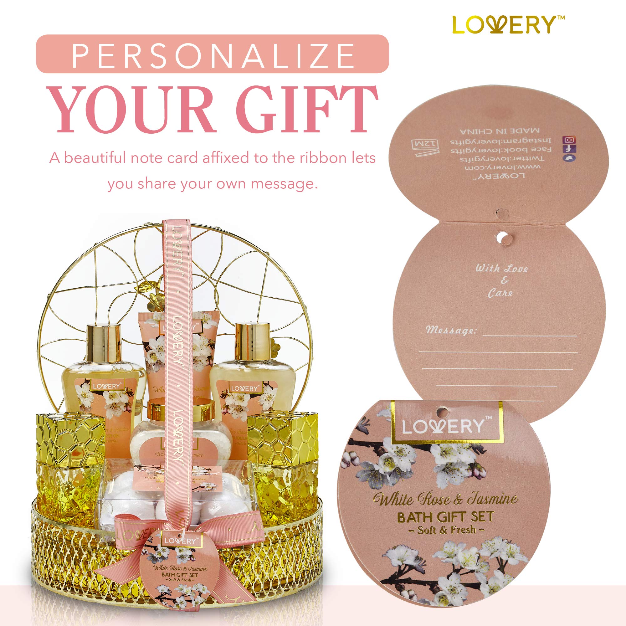 Valentines Day Perfume Set, Bath and Body Gift Basket For Women, 13pc Set of White Rose & Jasmine Cosmetic and Home Spa Set with Bath Bombs, Body Mist, Perfume, Intricate Gold Perfume Holder and More