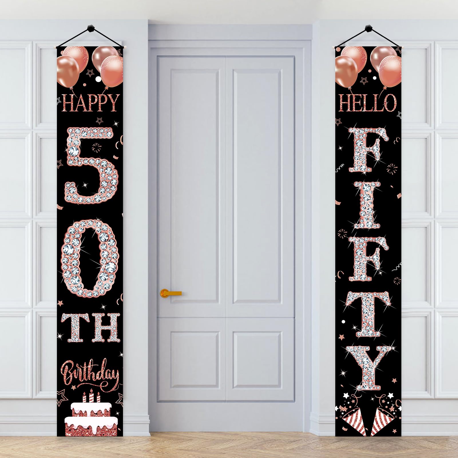 Aodocuto 50th Birthday Door Banner Decorations for Women, Rose Gold Happy 50th Birthday Hello Fifty Porch Sign Party Supplies, 50 Year Old Bday for Indoor Outdoor