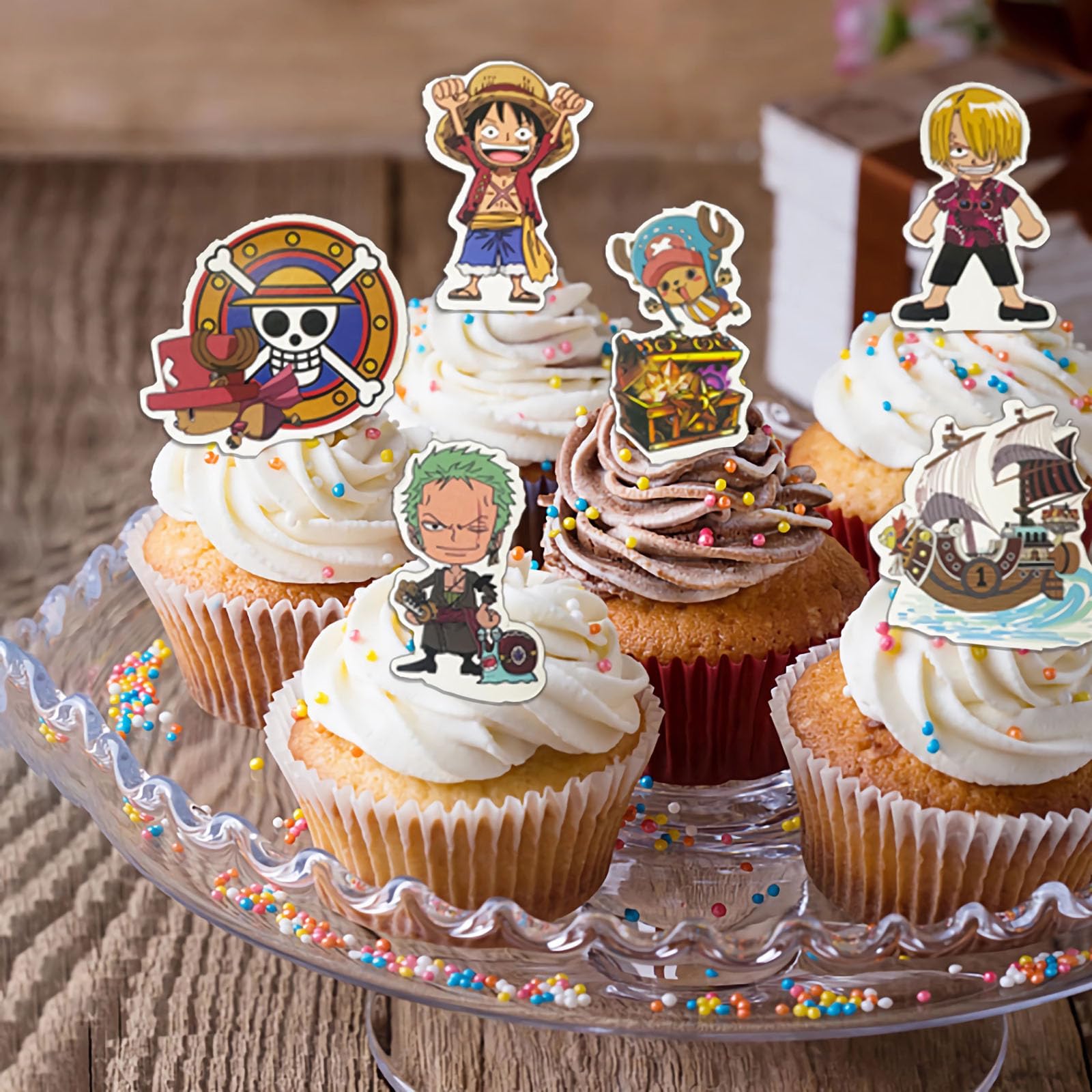 48Pcs Cupcake Toppers for One Piece, Anime Birthday Party Supplies Anime Theme Party Cake Decorations