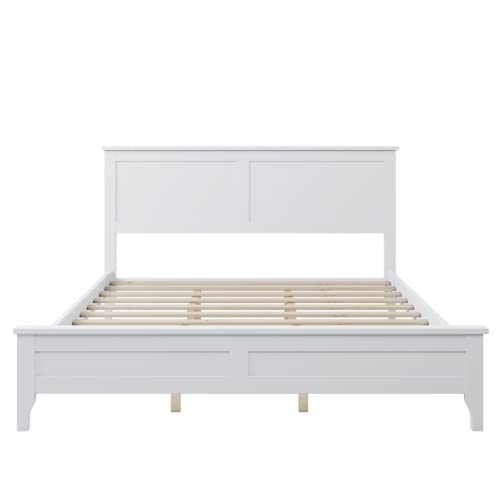 anwickjeff Queen Size Bed Frame with Headboard and Footboard, Modern Concise Style White Solid Wood Platform Bed for Kids Teens Adults, No Need Box Spring (Queen+New)