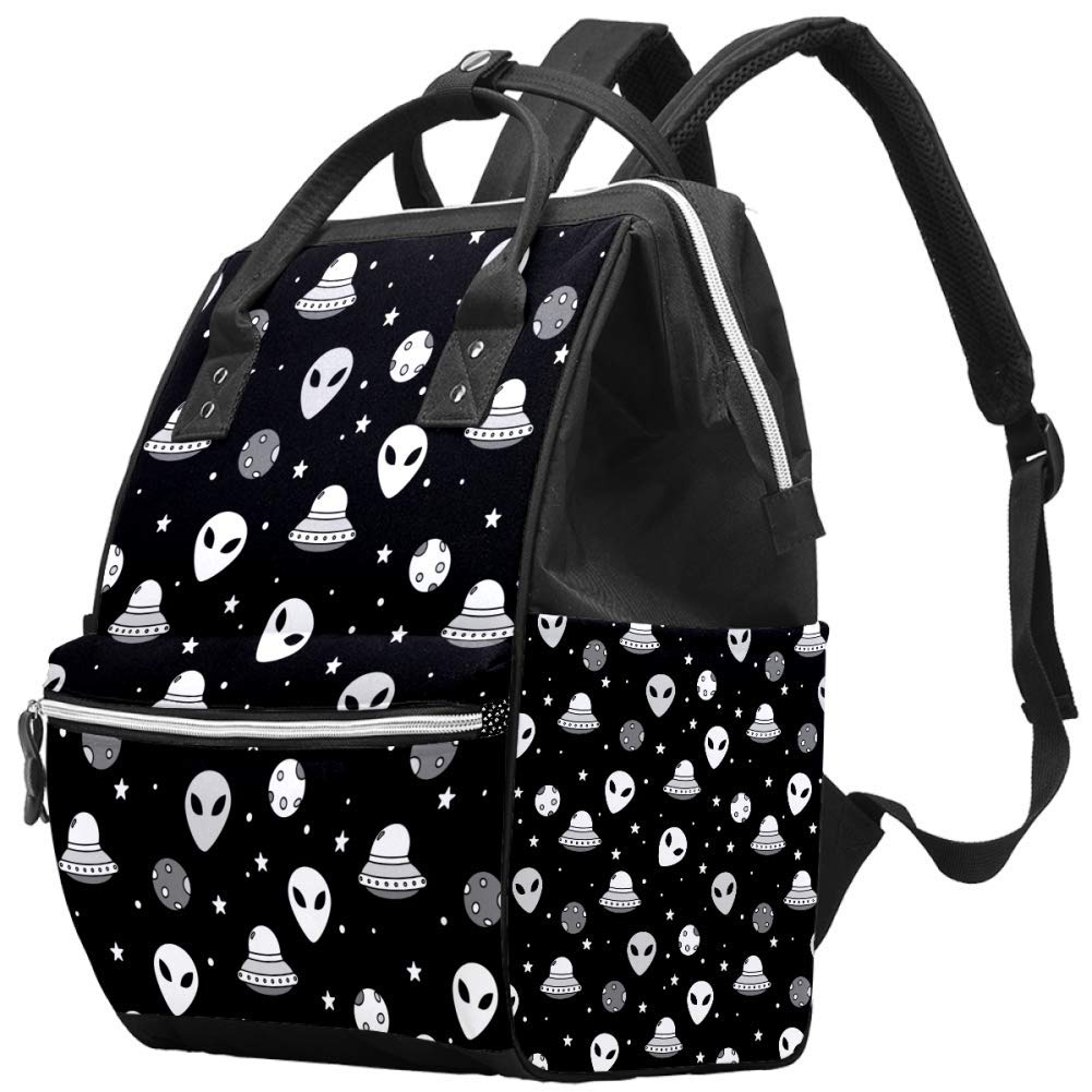 Space Themed Alien Face and Ships Diaper Tote Bags Mummy Backpack Large Capacity Nappy Bag Nursing Traveling Bag for Baby Care