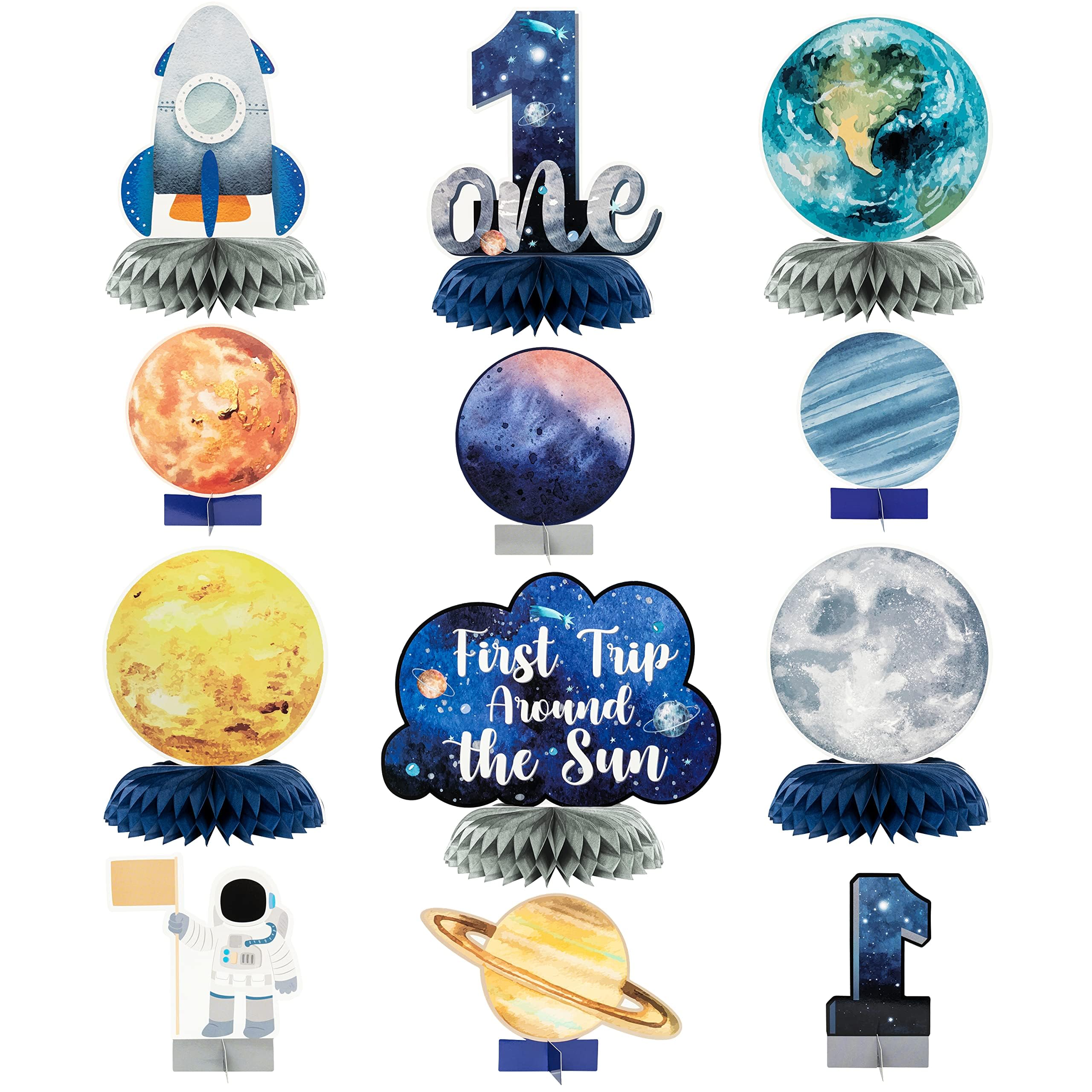 ANGOLIO 12Pcs First Trip Around The Sun One Letter Sign Party Honeycomb Table Centerpiece Outer Space 1st Birthday Party Decorations Planets Solar System Theme Party for Boys Baby Shower Photo Props