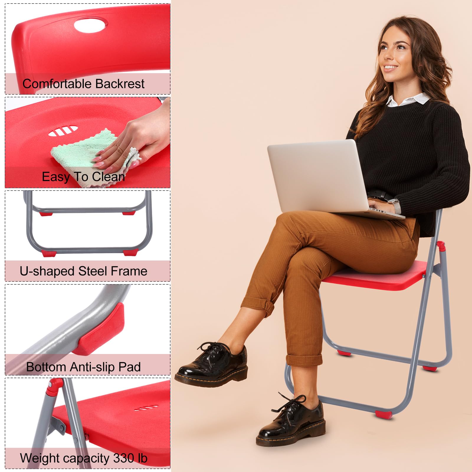 8 Pack Folding Plastic Chairs Pack Steel Folding Dining Chairs Folding Chairs Bulk Fold Up Event Chairs Portable Plastic Chairs with Steel Frame 440lb for Events Office Wedding Indoor Outdoor (Red)