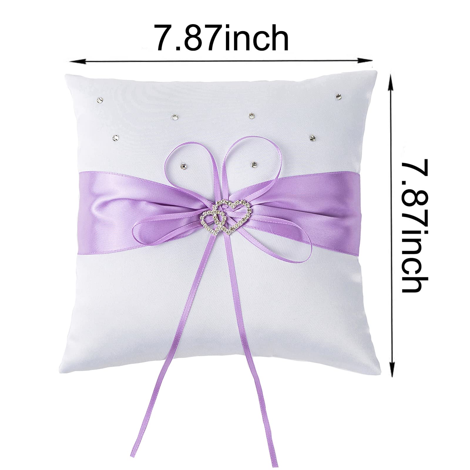 ARKSU 5pcs Wedding Sets Flower Girl Basket + Ring Bearer Pillow + Guest Book with Pen + Pen Set Holder + Bride Garter, Double Heart Rhinestone Decor for Rustic Bridal Shower-Lavender