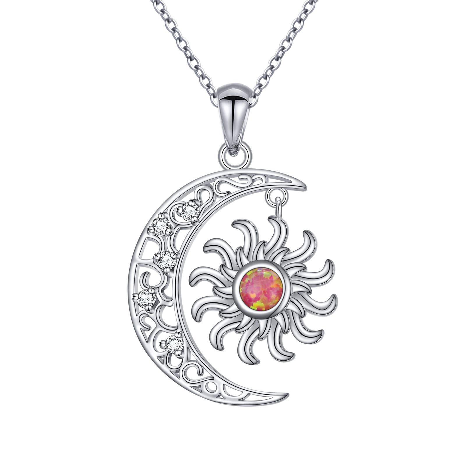 925 Sterling Silver Sun and Moon Necklace for Women Celtic Crescent Moon Opal Sun Pendant Birthday Gift Jewelry