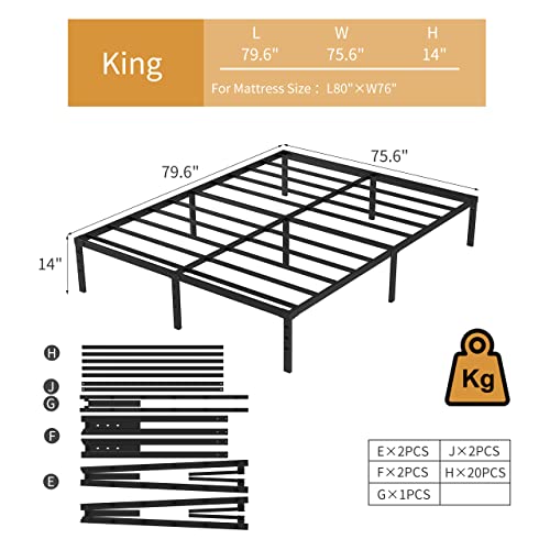 NEW JETO Metal Bed Frame-Simple and Atmospheric Metal Platform Bed Frame, Storage Space Under The Bed Heavy Duty Frame Bed, Durable King Size Bed Frame, Suitable for Bedroom, King
