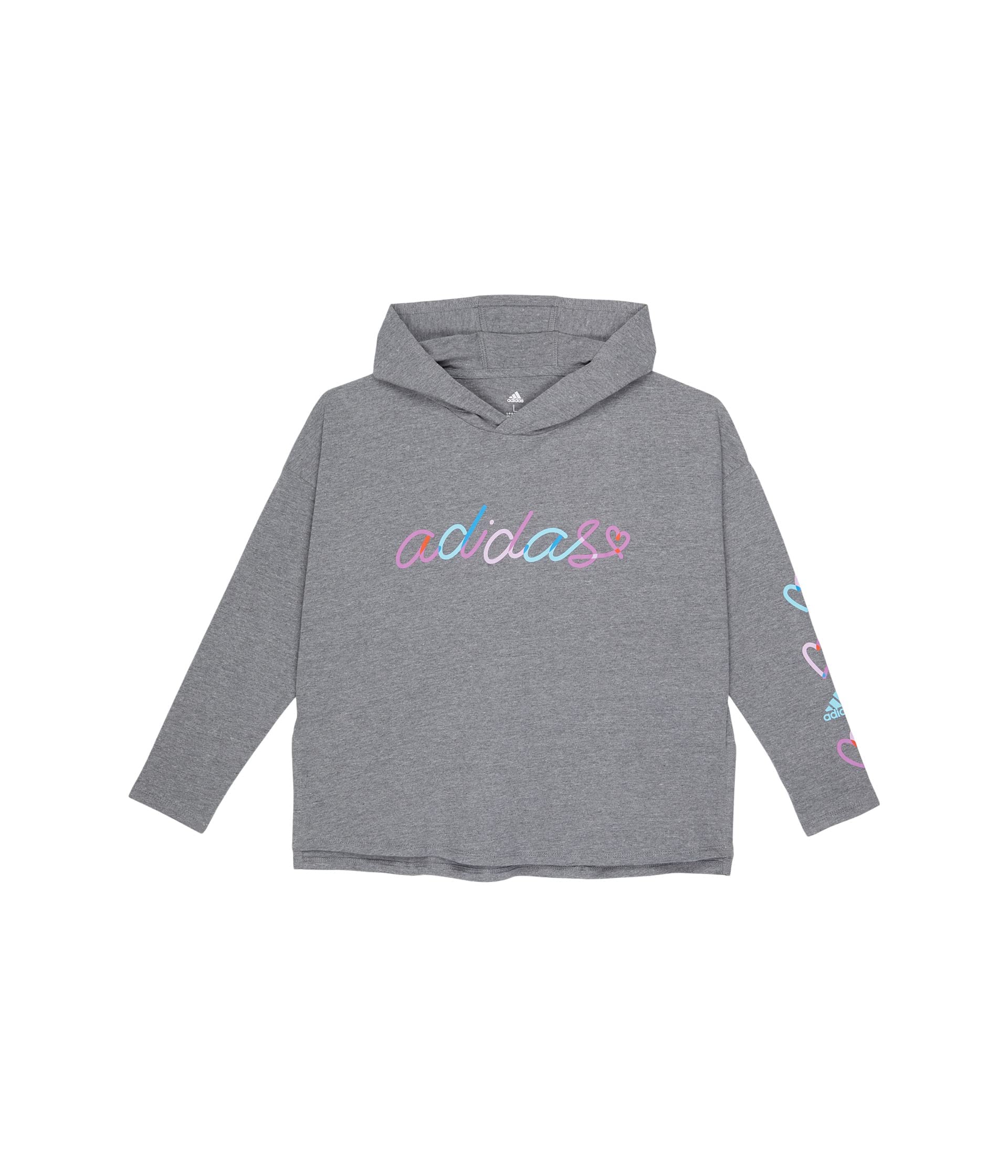 adidas Girls' Long Sleeve Hooded Graphic Tee, Charcoal Grey Heather, X-Large (16)
