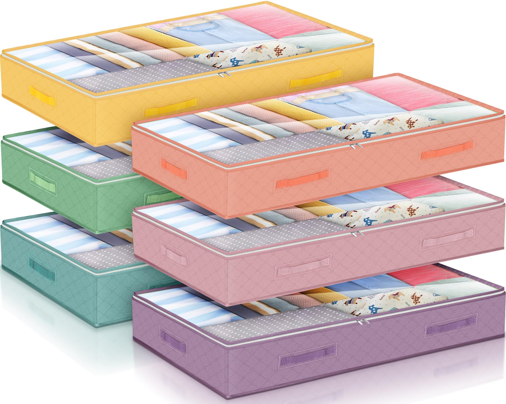 Aliceset 6 Pack Under Bed Storage Container 90L Pastelcolor Storage Organizer Foldable with Handles for Organized Kids Room Stuffed Toys Winter Clothes Blanket Sheet Pillow (Multicolor)