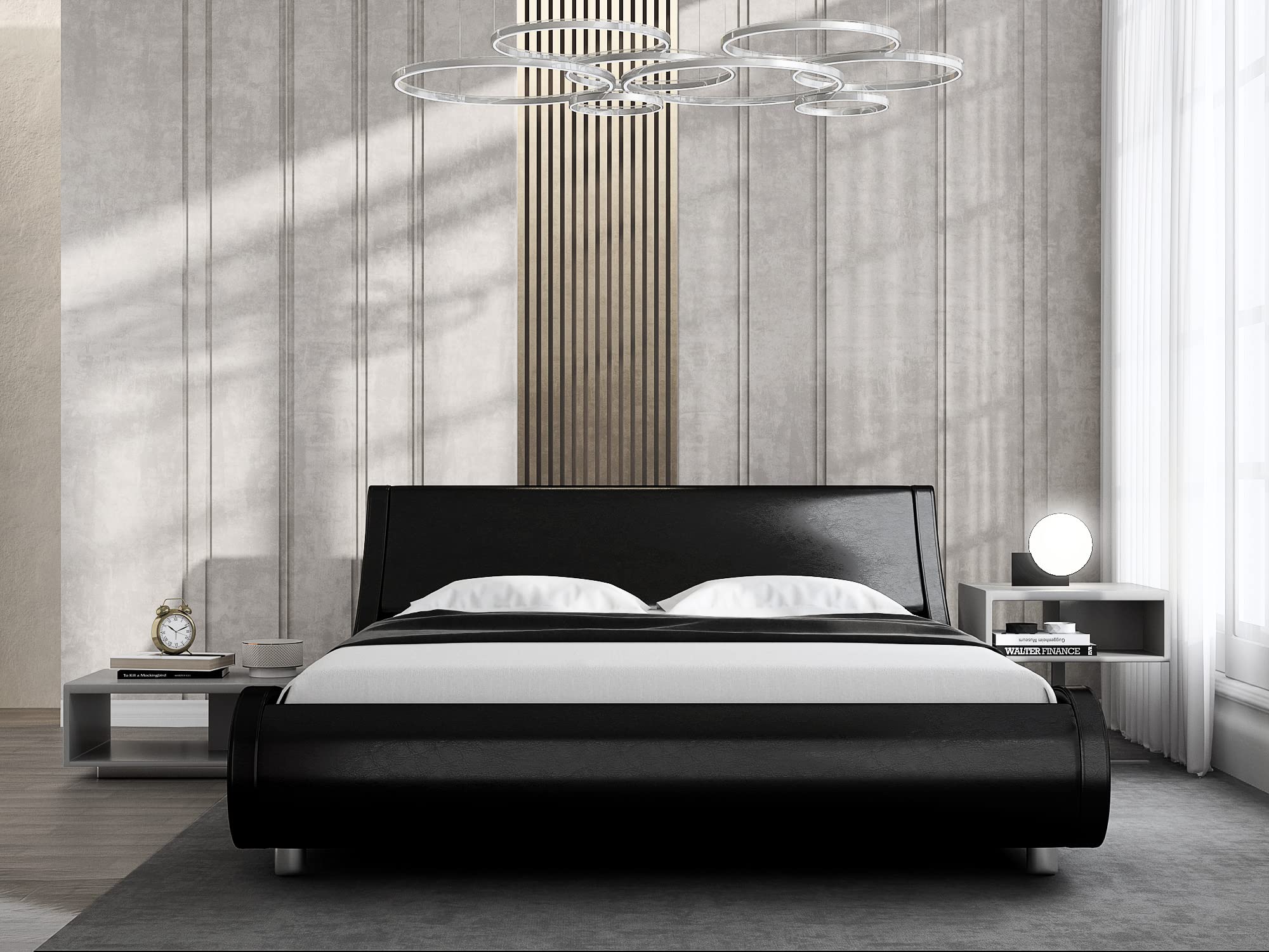 Allewie Upholstered Queen Size Platform Bed Frame Modern Low Profile Sleigh Bed with Faux Leather Headboard, Easy Assembly, No Box Spring Needed, Black & White