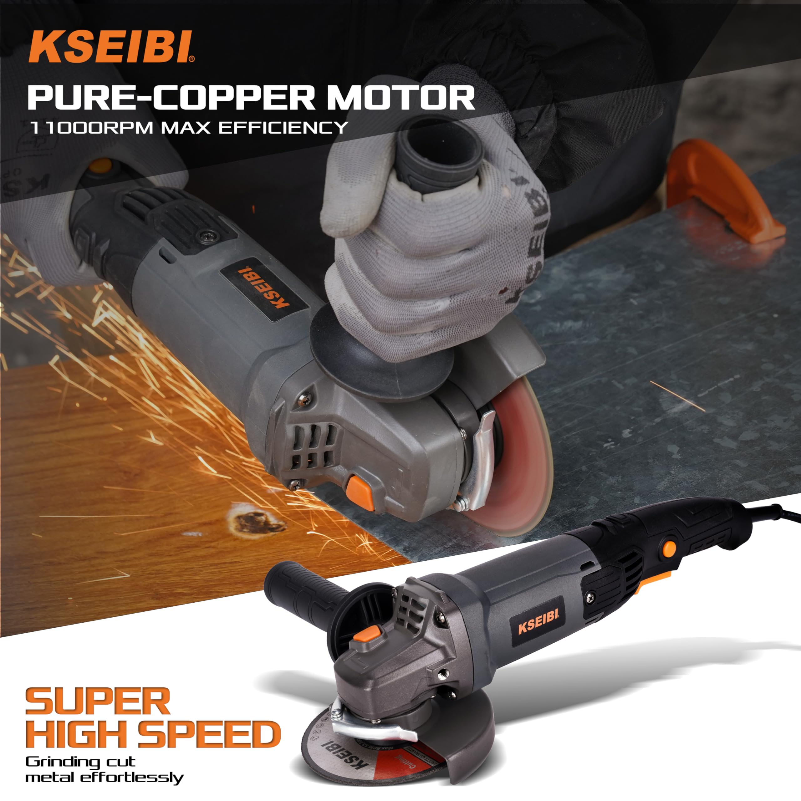 KSEIBI 711943K Angle Grinder Tool - 4 1/2 inch, 950W, 8Amps, 11000RPM, Corded Power Tools Long Handle with 7/8" Arbor Grinding and Cutting Wheels, Flap Disc, Quick Adjustable Guard, and Storage Bag