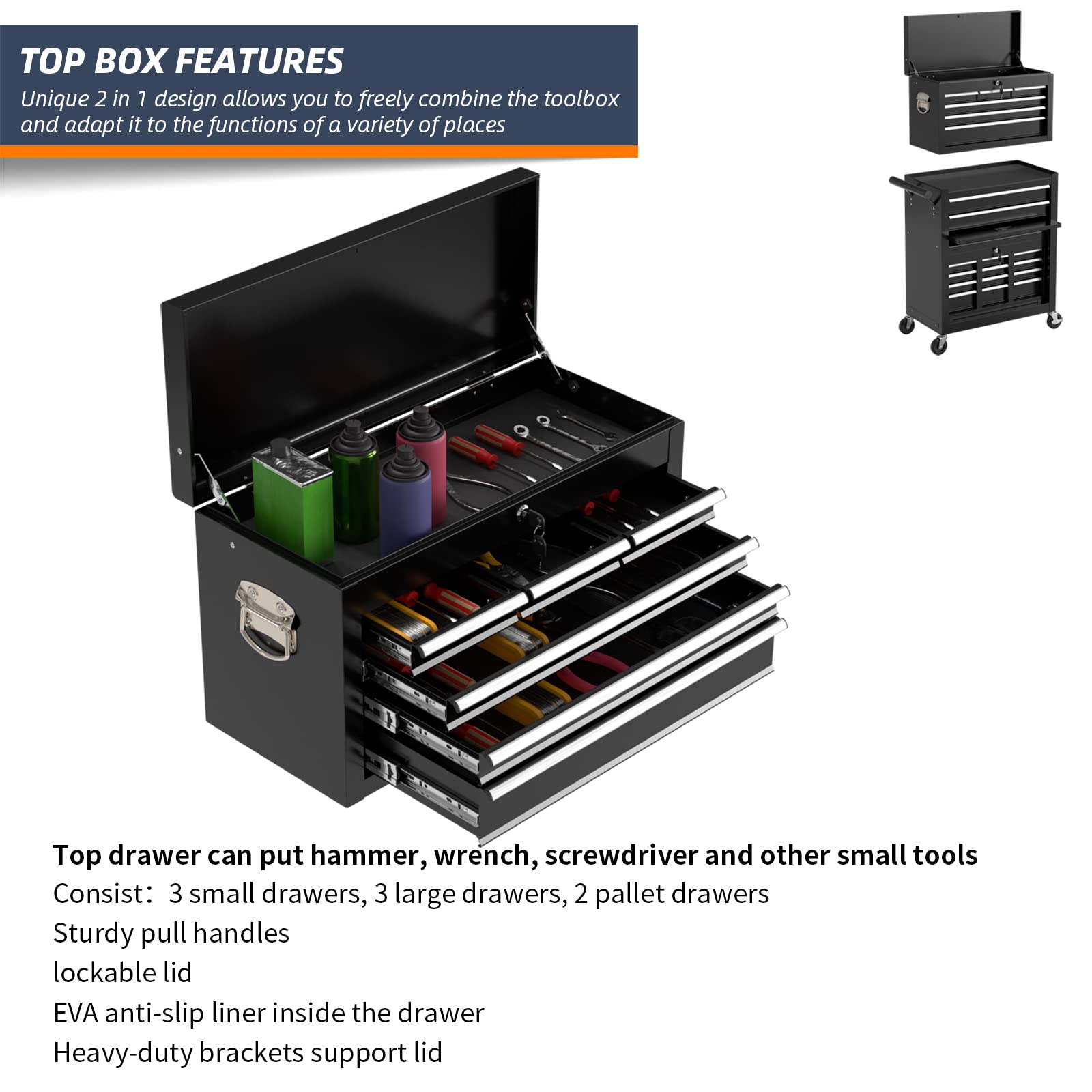 8-Drawer Rolling Tool Chest & Portable Tool Box with 2 Handles, Lockable Rolling Tool Box with 4 Hooks, Large Capacity Garage Storage Tool Cabinet for Warehouse, Repair Shop(Black)