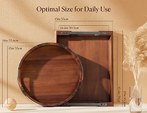 Dofira Acacia Wood Serving Tray with Metal Handles, 17x13in Food Drinks Tray for Coffee Table, Breakfast, Dinner & Bar, Rustic Decorative Storage Tray for Ottoman, Kitchen, Bedroom (Gift Packaging)