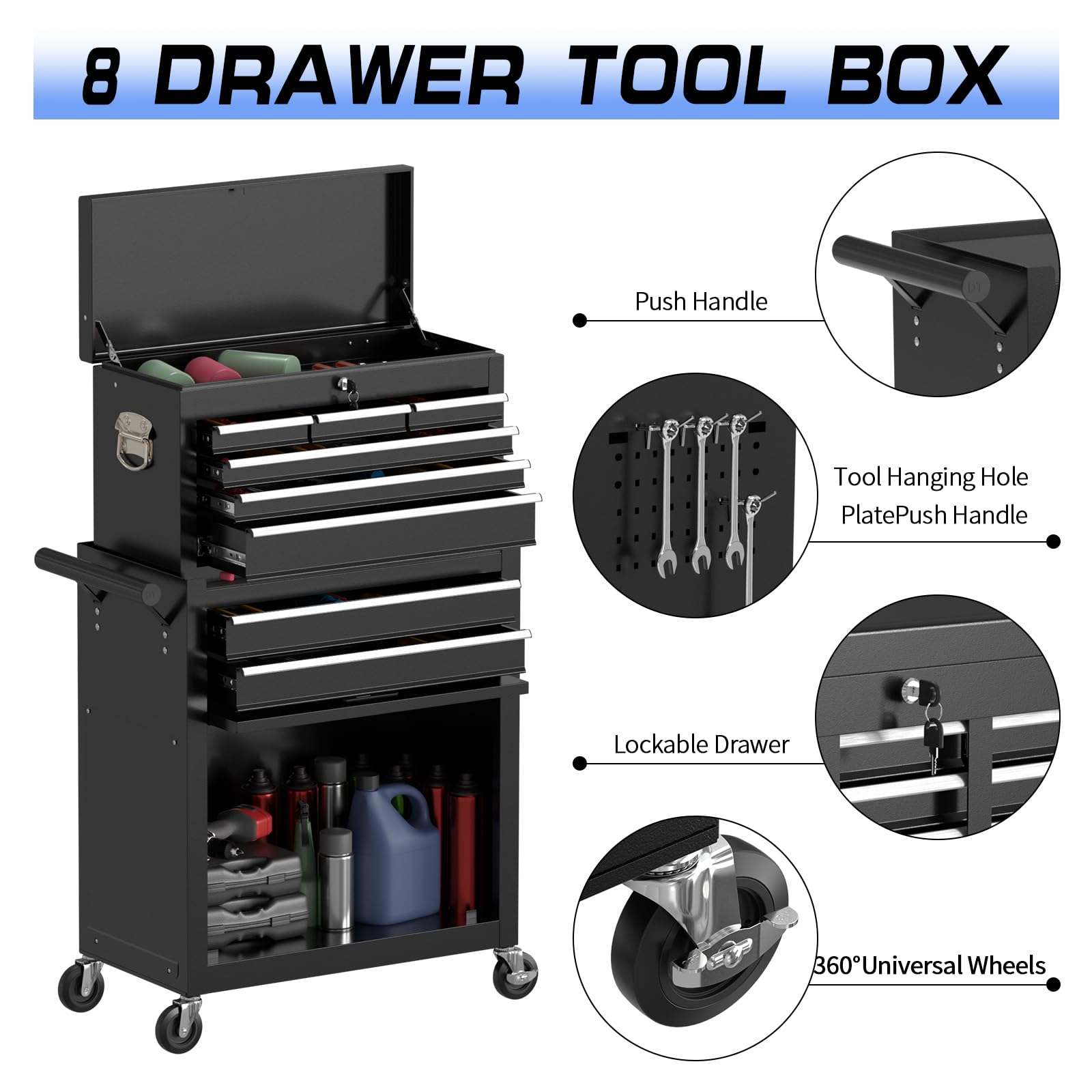 8-Drawer Rolling Tool Chest Box, Removable Storage Cabinet with 4 Wheels and Drawers, 2 in 1 Portable Toolbox Organizer, Lockable Drawer Gifts for Men, Black
