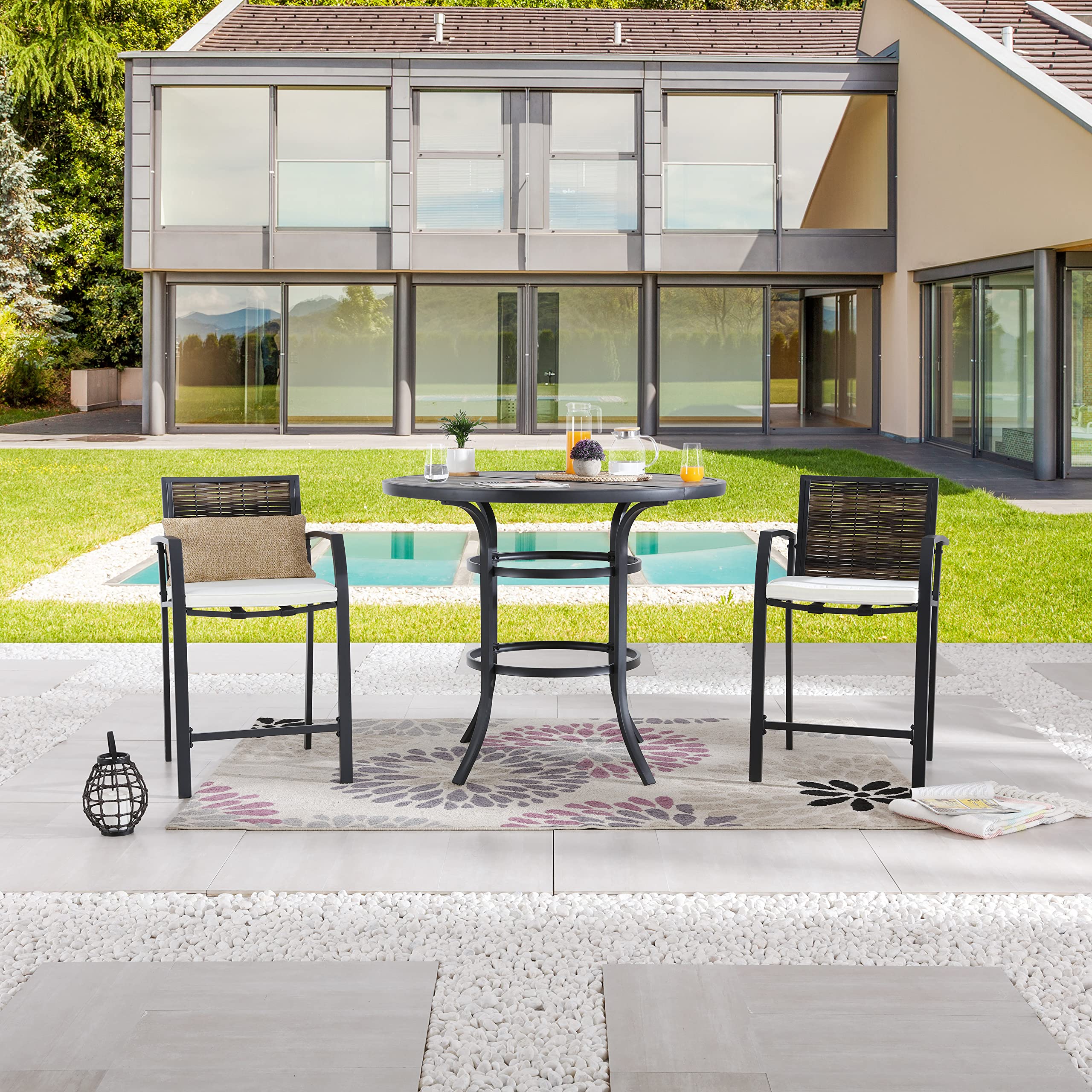 LOKATSE HOME 3 Pieces Outdoor Wicker Bar Set Armchairs with Cushion & Round Coffee Table, Beige