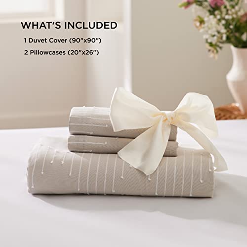 Bedsure Cotton Duvet Cover Queen Size - 100% Washed Cotton Duvet Cover Set, Linen Color, 3 Pieces Boho Stripe Jacquard Soft Bedding for All Seasons with 2 Pillowcases, Zipper Closure (Queen, 90"x90")