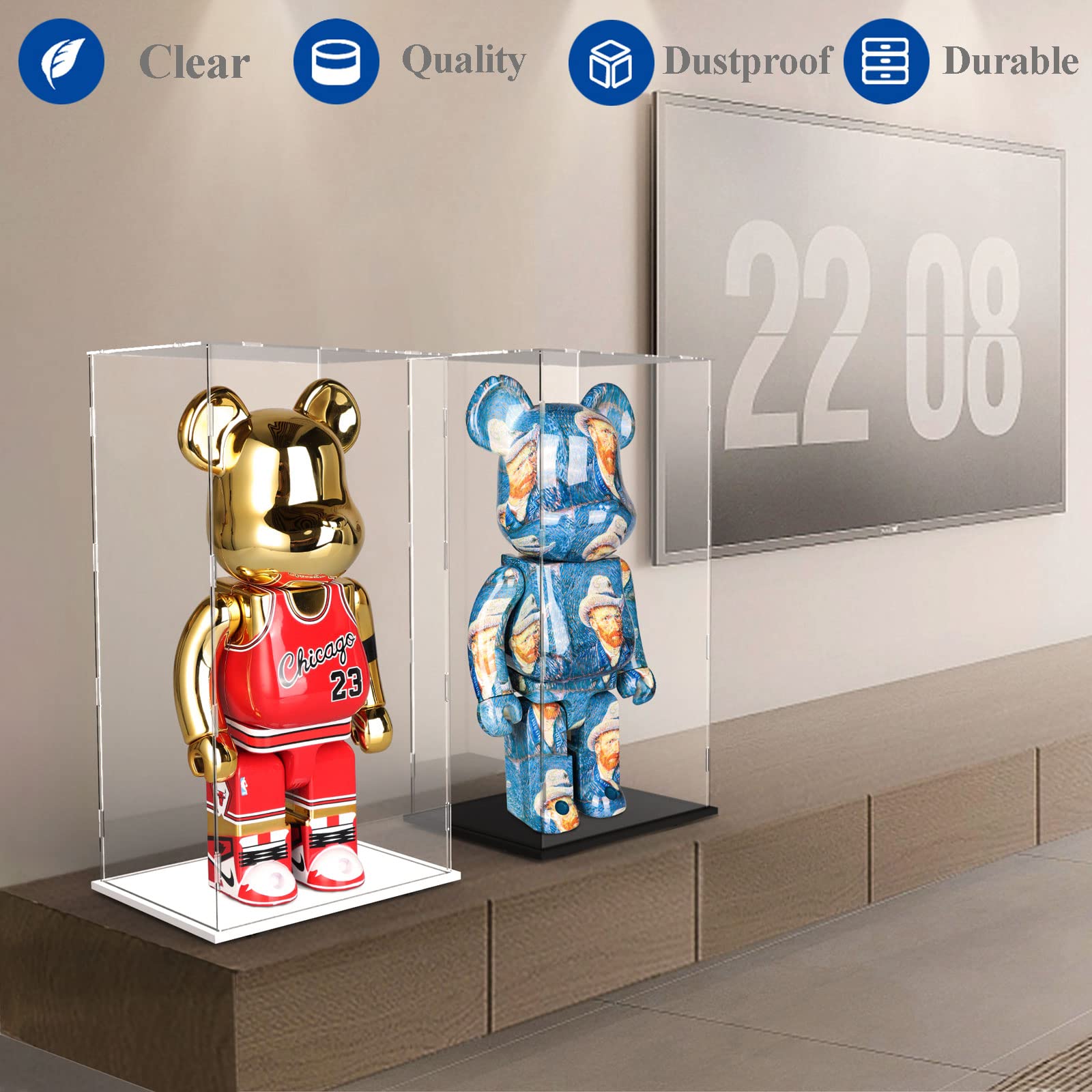 DuvinDD Acrylic Display Case for Large Collectibles, 29 inch Tall Clear Display Box for Bearbrick 1000% Lego 10341 Doll Figure Dustproof Protective Showcase Stand, Assemble Acrylic Box with Black Base