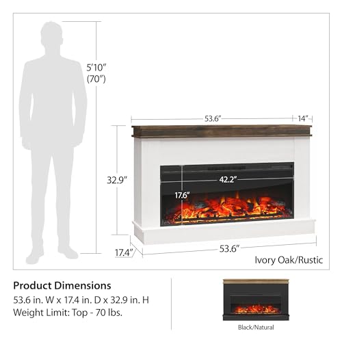 Ameriwood Home Mateo 53.5 Inch Electric Fireplace with Mantel, Replaceable Fireplace Insert Heater, Remote Control, Timer, Realistic Log and Flame Effect, for The Living Room or Bedroom, Ivory Oak