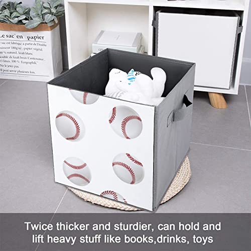 Baseball Leather Ball Storage Bins Cubes Foldable Fabric Organizers with Handles Clothes Bag Book Box Toys Basket for Shelves Closet 10.6"