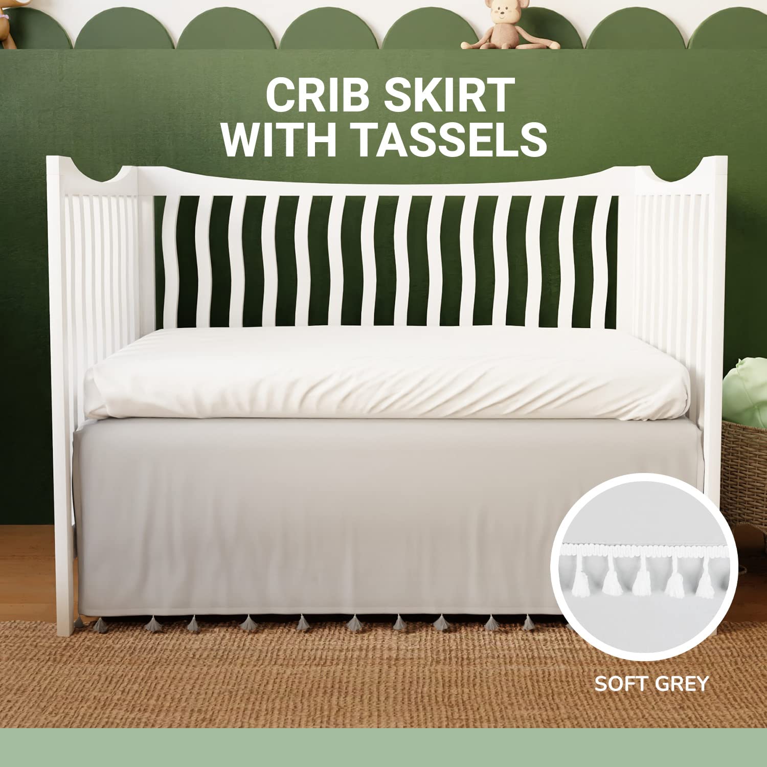 Tadpoles Crib Skirt with Tassel | 28" x 52" with a 14" Drop | Made of 100% Softly Brushed Microfiber Polyester | Easy to Care for | Soft, Smooth, Breathable & Durable | Ideal for Babies | Grey