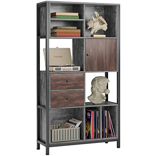 AOGLLATI 6-Tier Industrial Bookshelf, Bookcase with Cabinet and 2 Fabric Drawers, Adjustable Display Shelves with Metal Frame, Standing Storage Shelf for Living Room Bedroom Kitchen Home Office