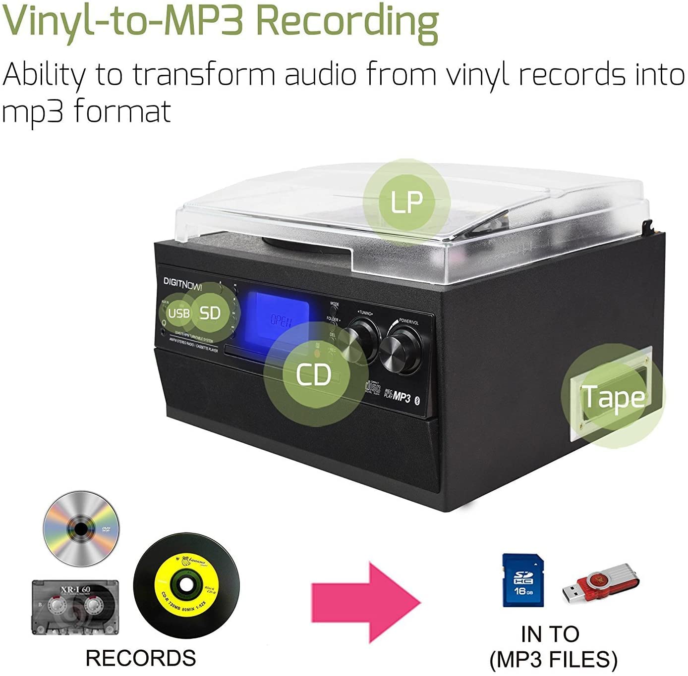 DIGITNOW Bluetooth Record Player Turntable with Stereo Speaker, LP Vinyl to MP3 Converter with CD, Cassette, Radio, Aux in and USB / SD Encoding, Remote Control, Audio Music Player Built in Amplifier