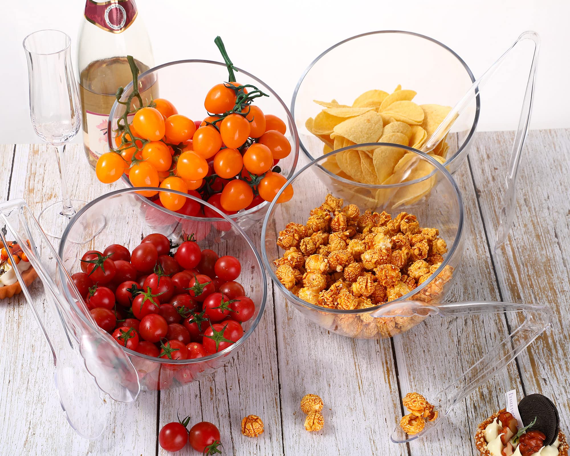 8 Pcs Acrylic Bowls Angled Plastic Bowls with Tongs Clear Salad Serving Bowls Thick Acrylic Serving Bowls for Parties Snack Candy Bowls Buffet Containers for Pasta, Chips, Fruit, Prep