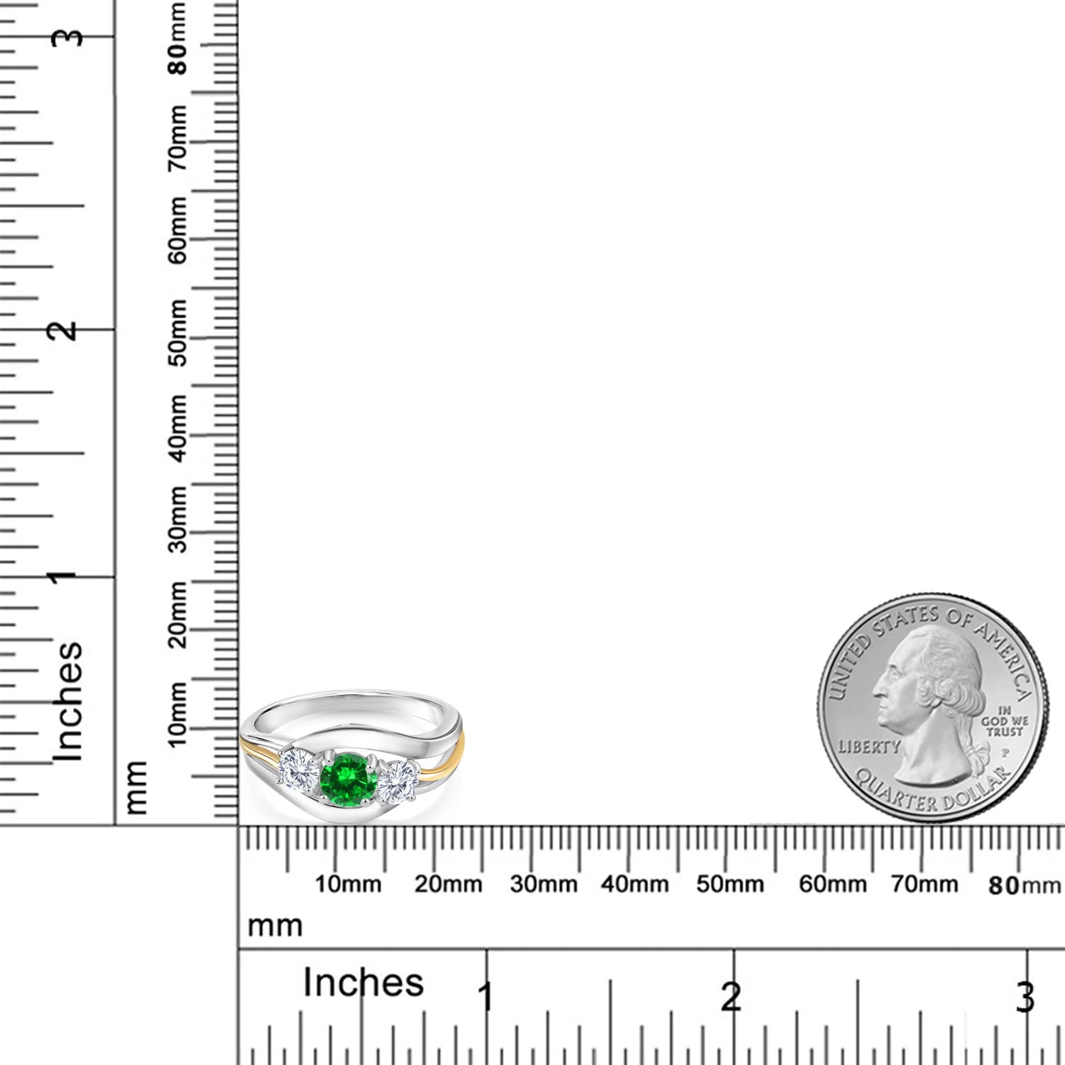 925 Sterling Silver and 10K Yellow Gold Round Green Created Emerald and White Moissanite from Charles & Colvard 3 Stone Ring For Women (1.30 Cttw, Available In Size 5, 6, 7, 8, 9)